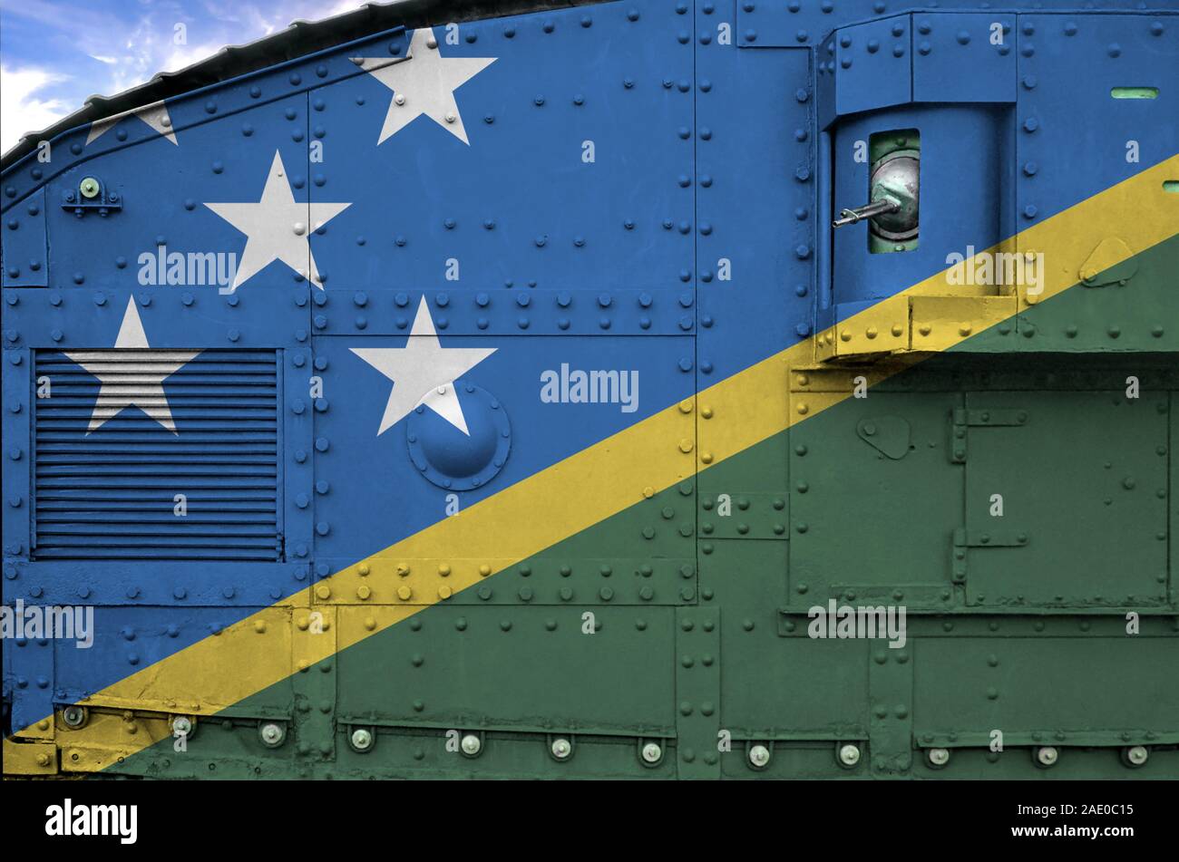 Solomon Islands flag depicted on side part of military armored tank ...