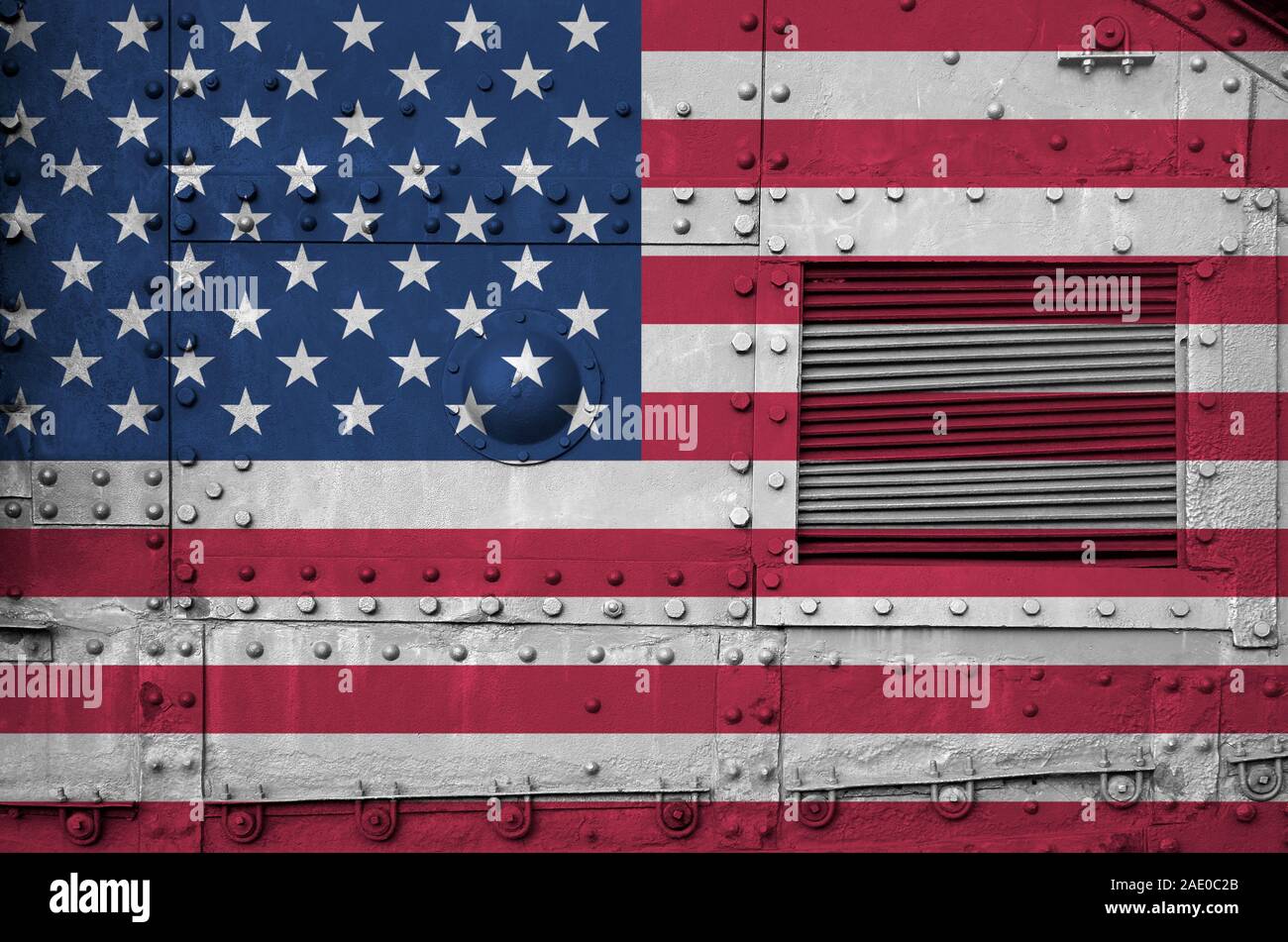United States of America flag depicted on side part of military armored ...
