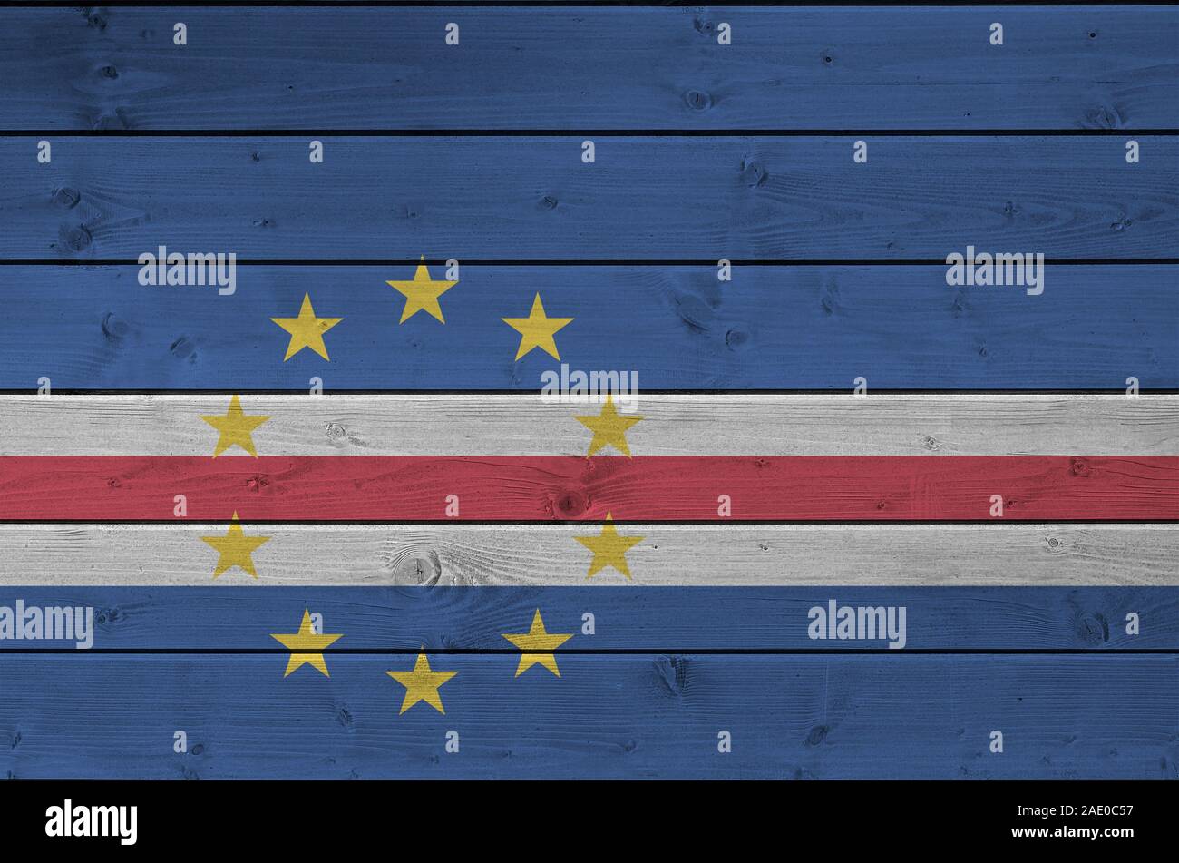 Cabo verde flag depicted in bright paint colors on old wooden wall ...