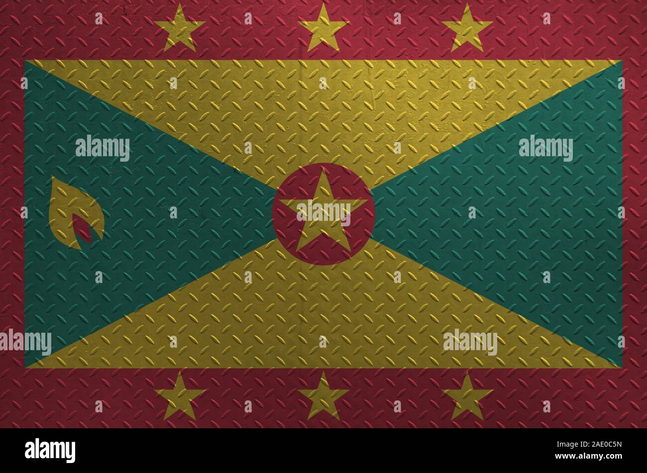 Grenada flag depicted in paint colors on old brushed metal plate or ...