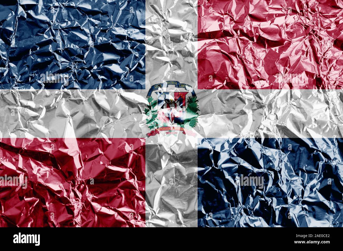 Dominican Republic flag depicted in paint colors on shiny crumpled ...