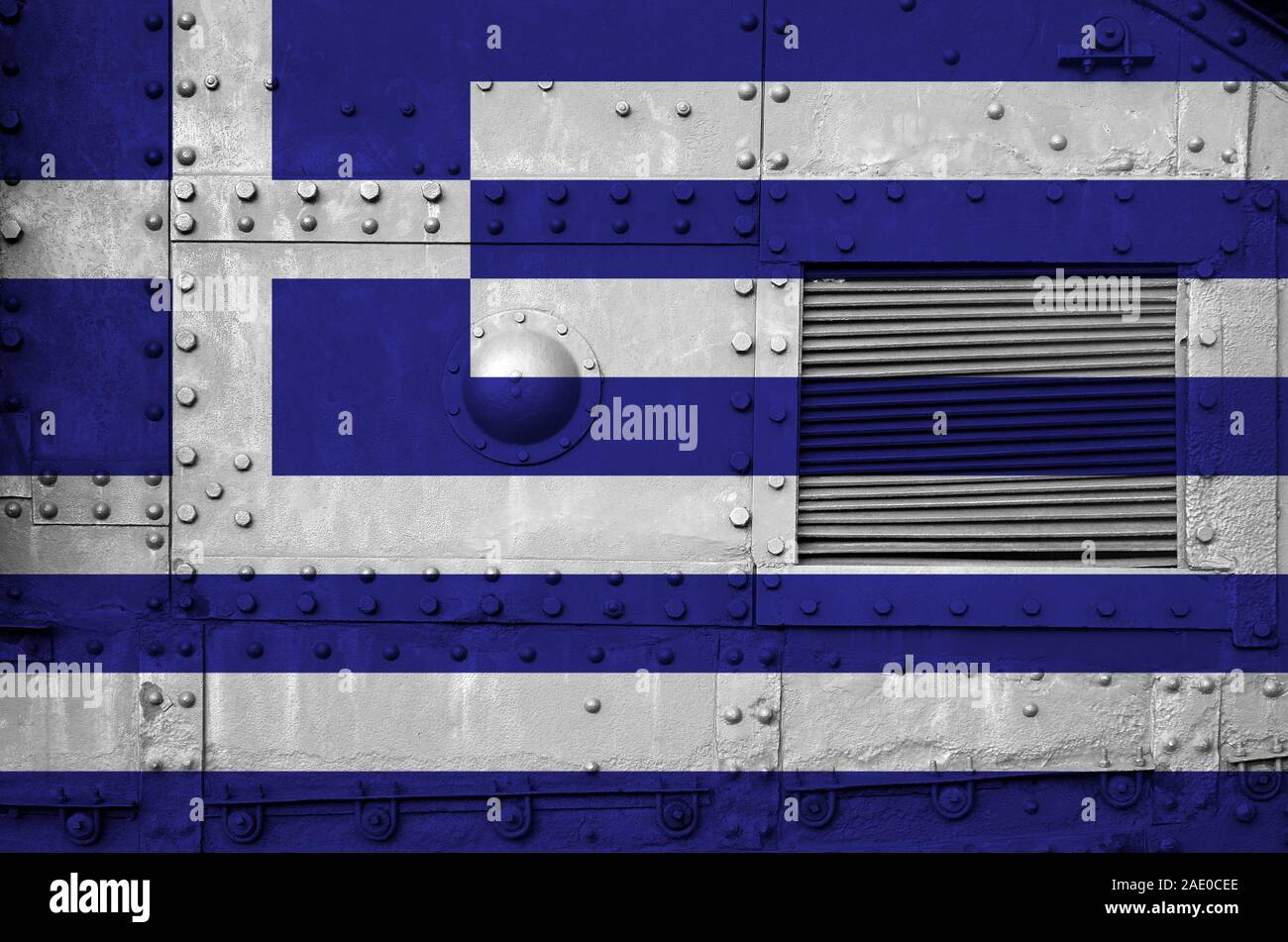 Greece flag depicted on side part of military armored tank close up ...