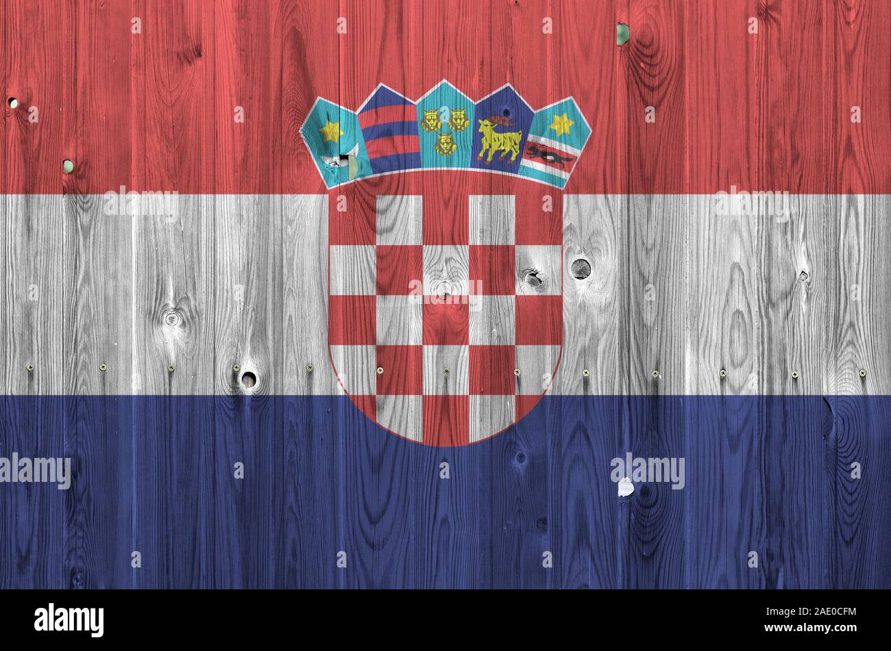 Croatia flag depicted in bright paint colors on old wooden wall close ...