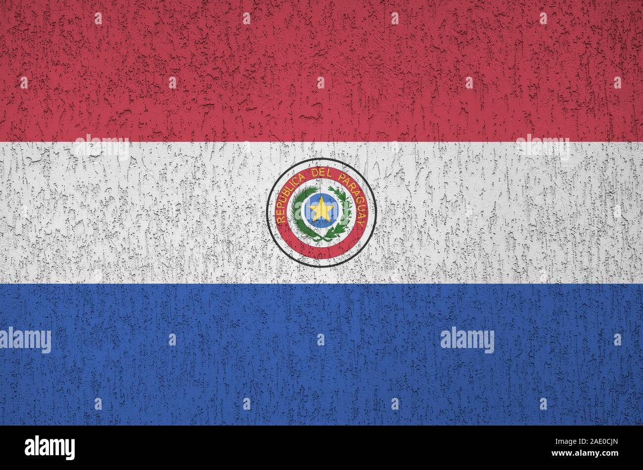 Paraguay flag depicted in bright paint colors on old relief plastering ...