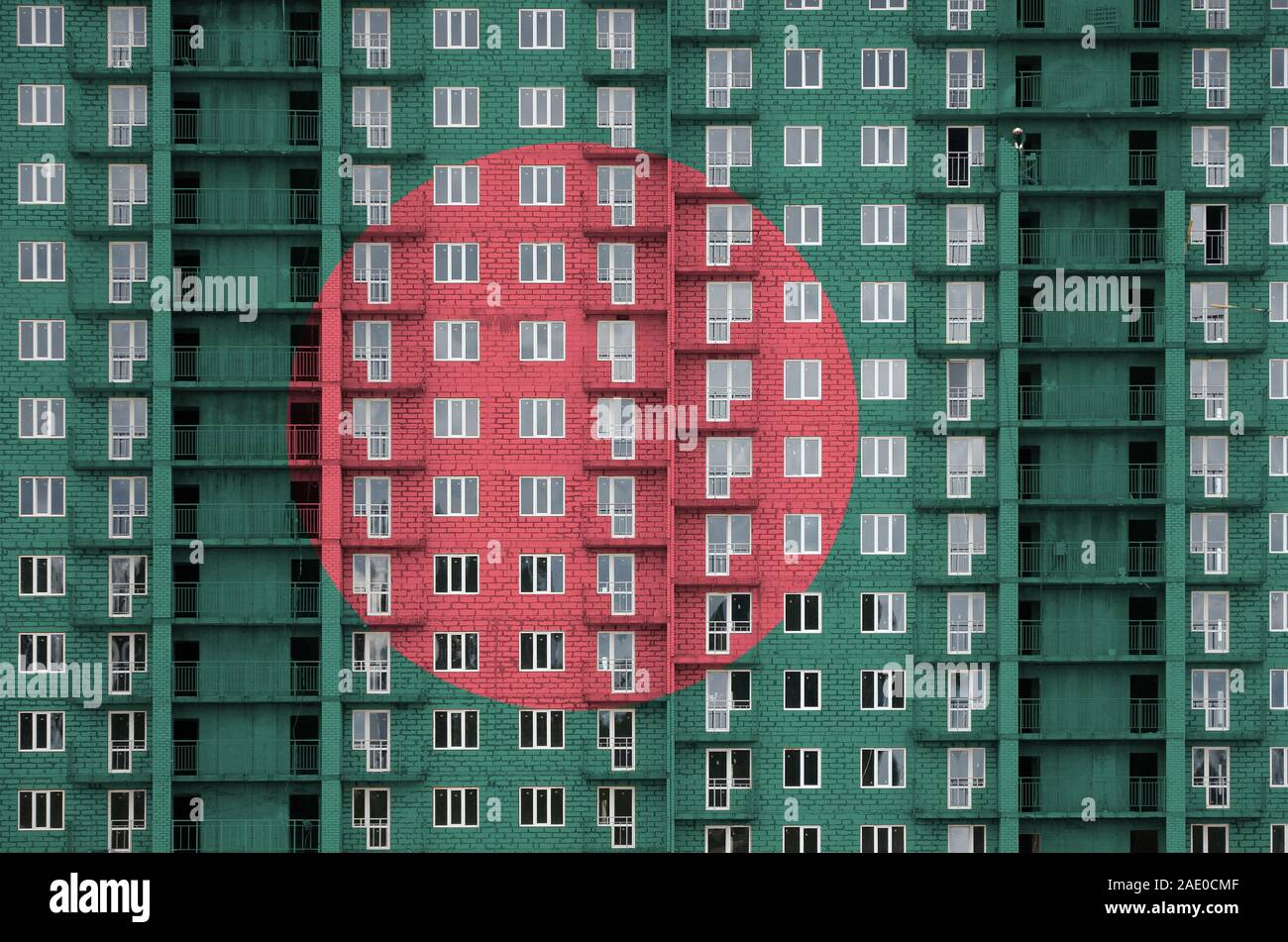 Bangladesh flag depicted in paint colors on multi-storey residental ...