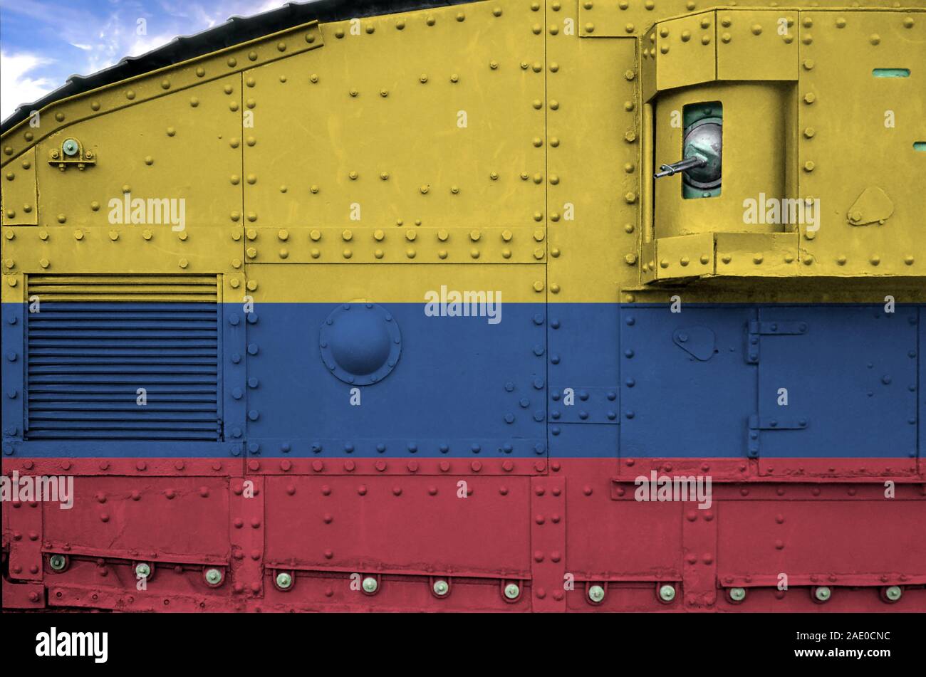 Colombia flag depicted on side part of military armored tank close up ...
