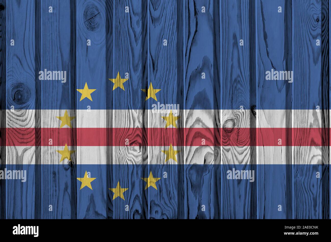 Cabo verde flag depicted in bright paint colors on old wooden wall ...