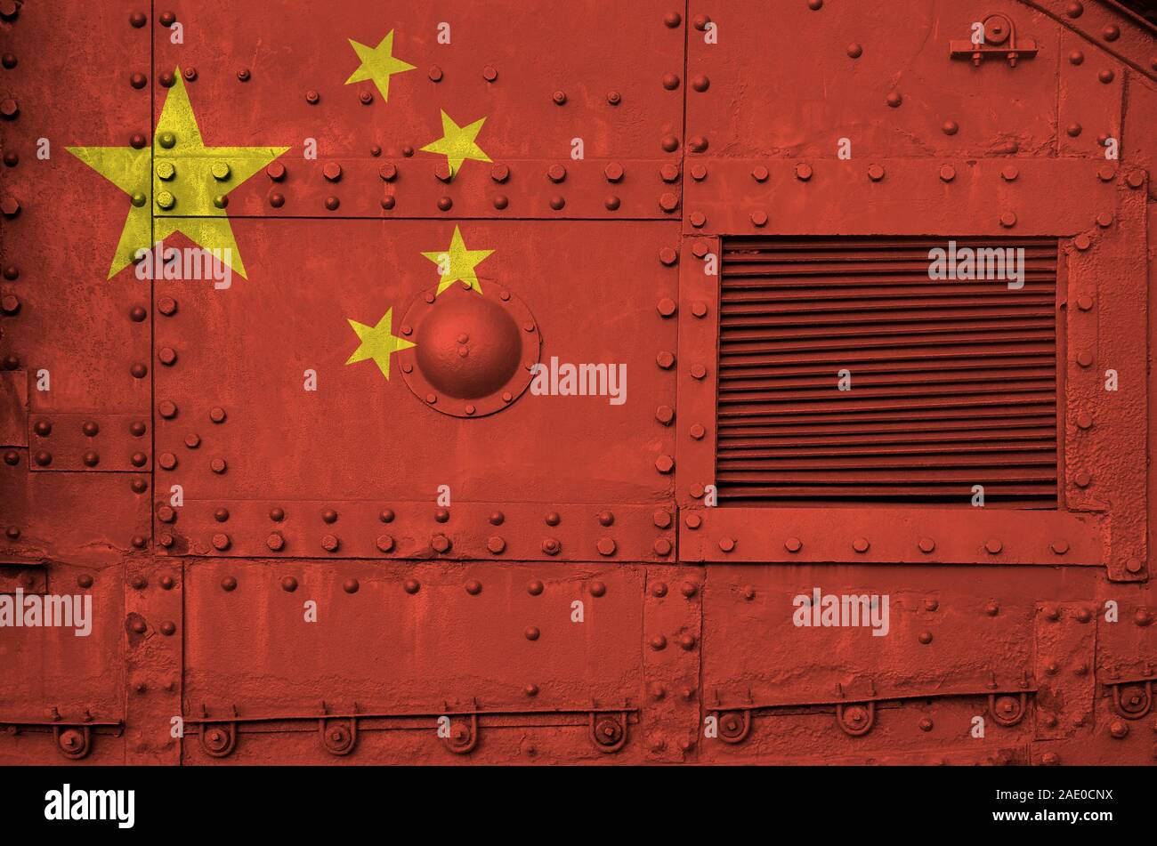 China flag depicted on side part of military armored tank close up ...