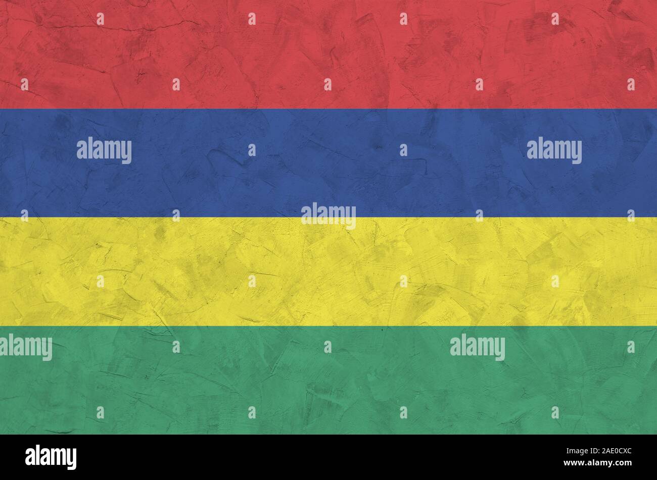 Mauritius flag depicted in bright paint colors on old relief plastering ...