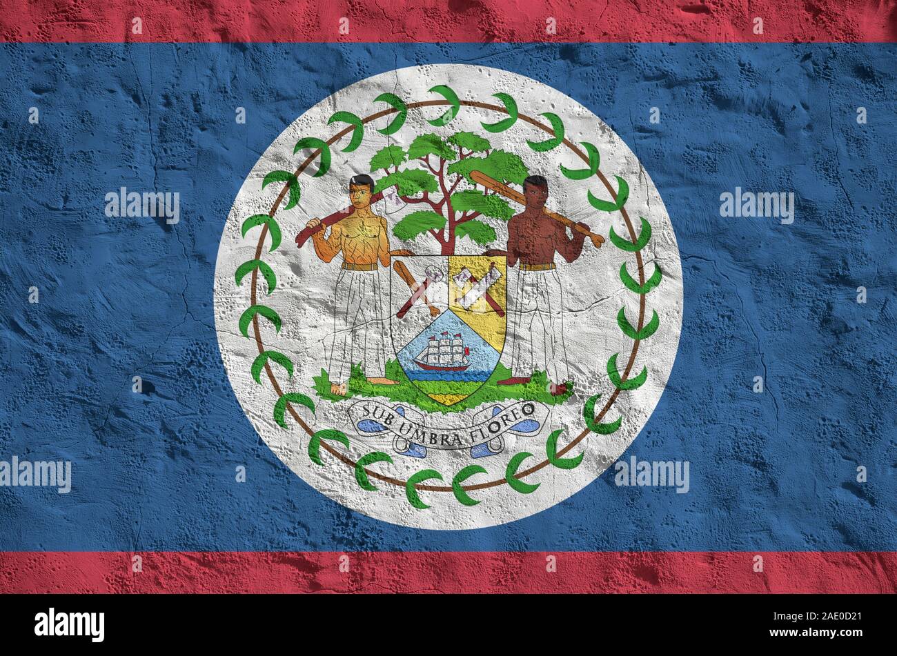Belize flag depicted in bright paint colors on old relief plastering ...