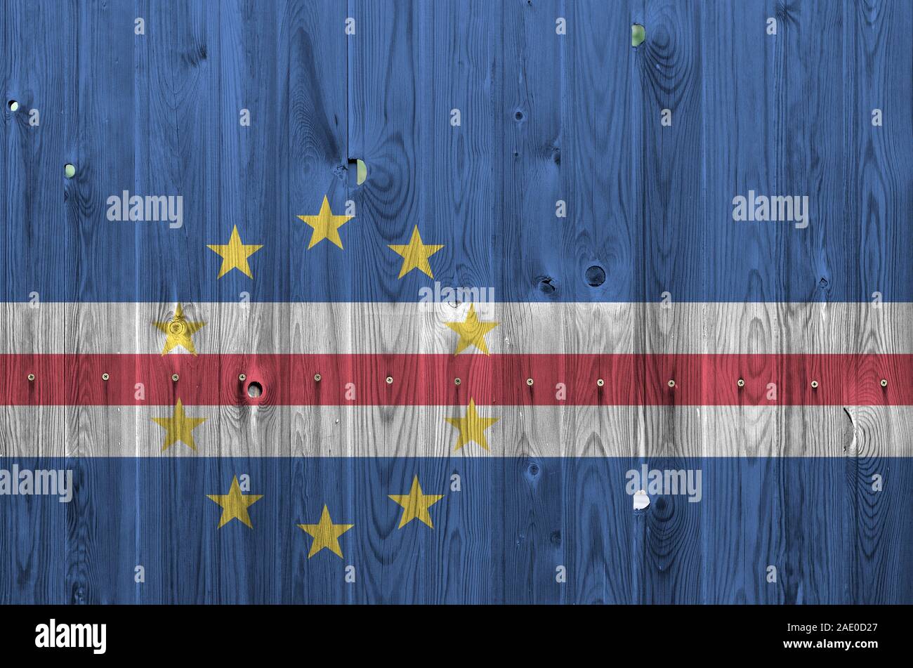 Cabo verde flag depicted in bright paint colors on old wooden wall ...