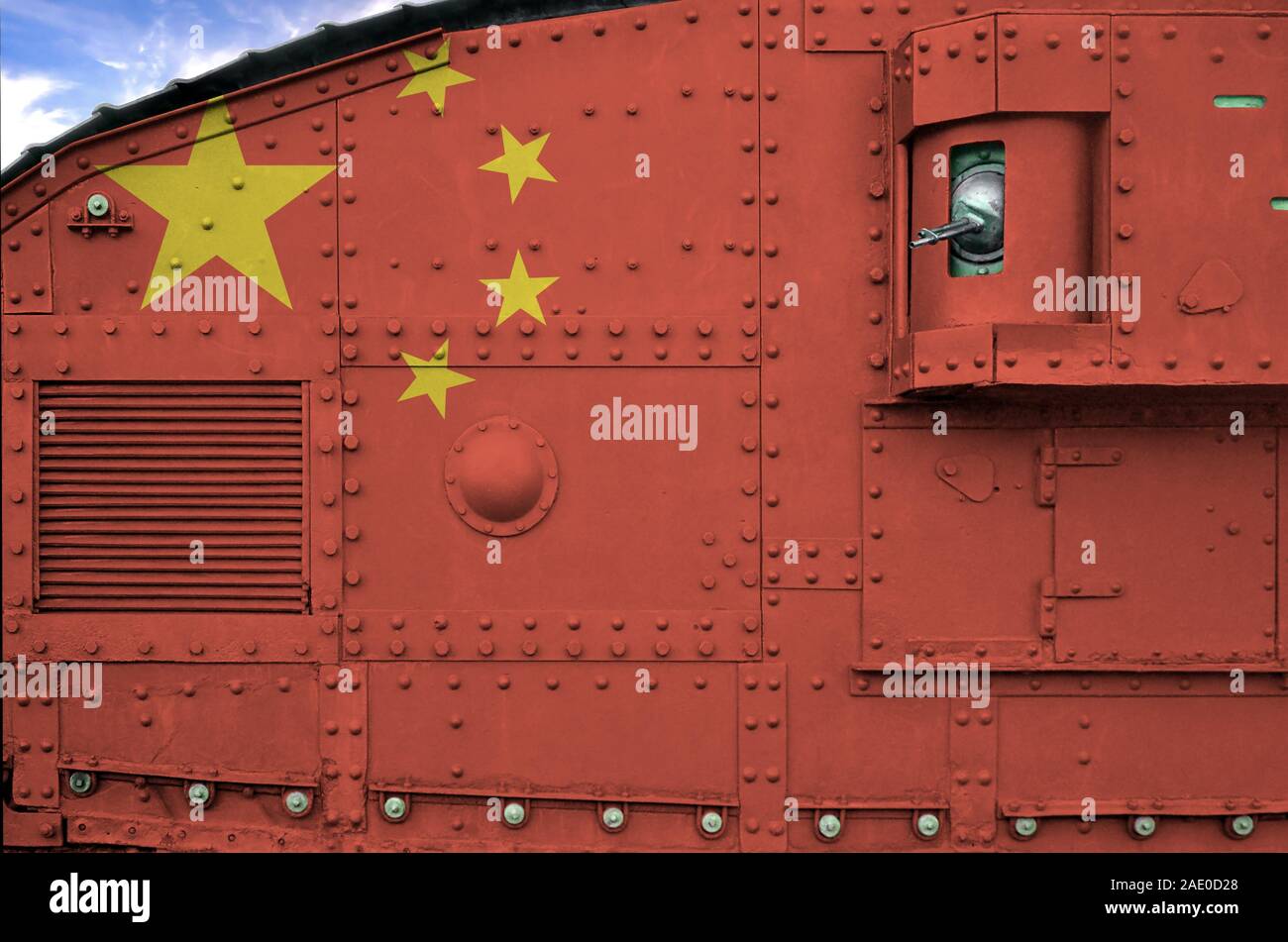 China flag depicted on side part of military armored tank close up ...