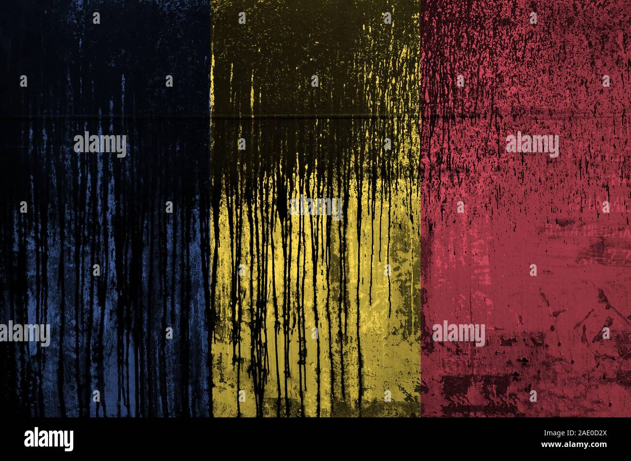 Romania flag depicted in paint colors on old and dirty oil barrel wall ...