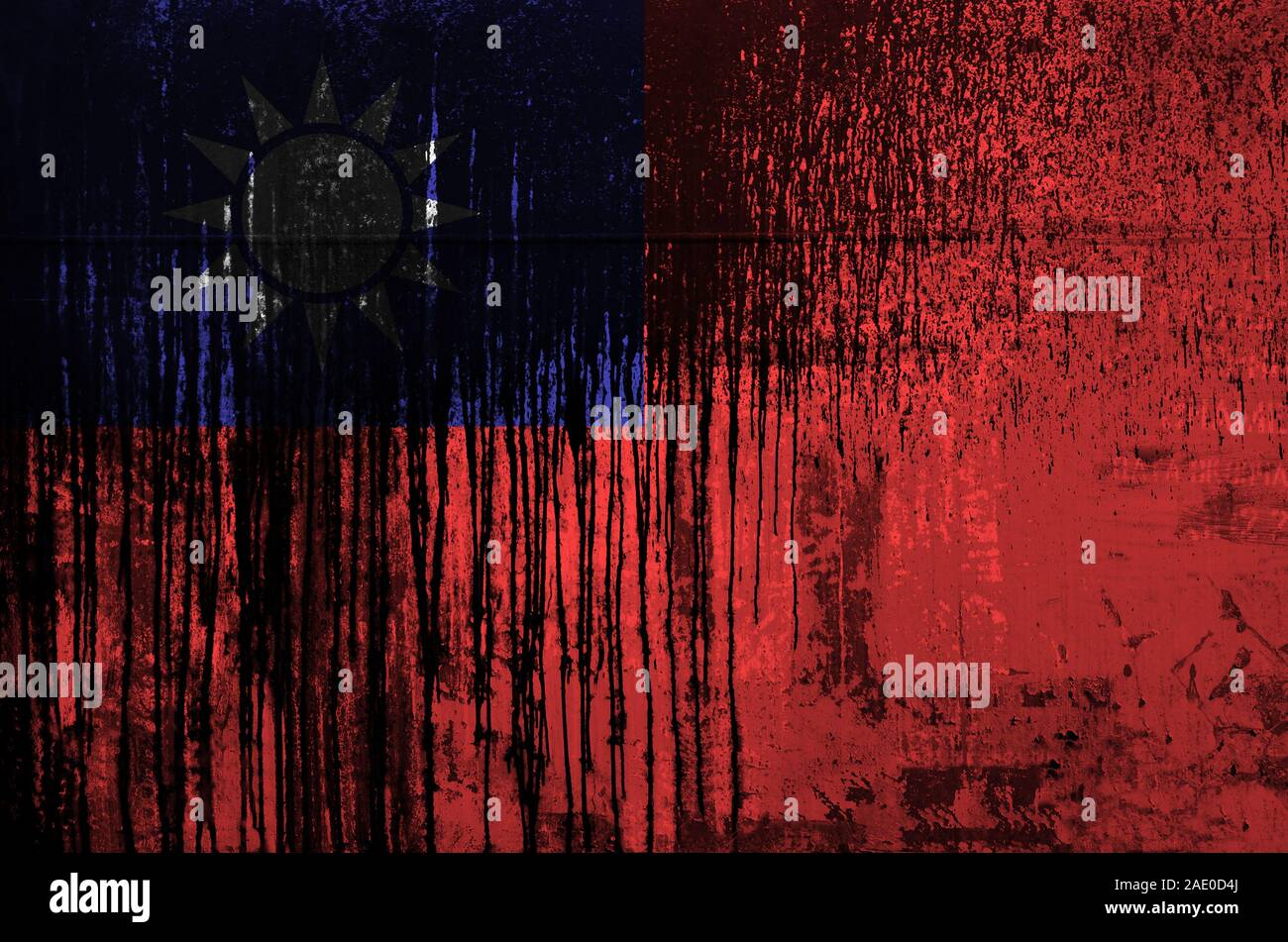 Taiwan flag depicted in paint colors on old and dirty oil barrel wall ...