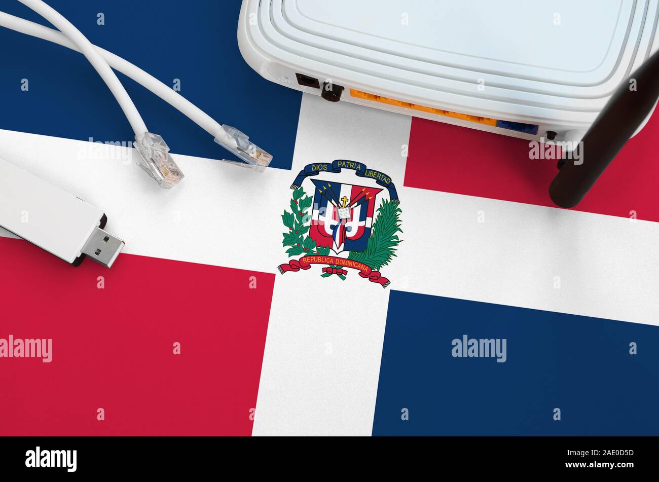 Dominican Republic flag depicted on table with internet rj45 cable ...