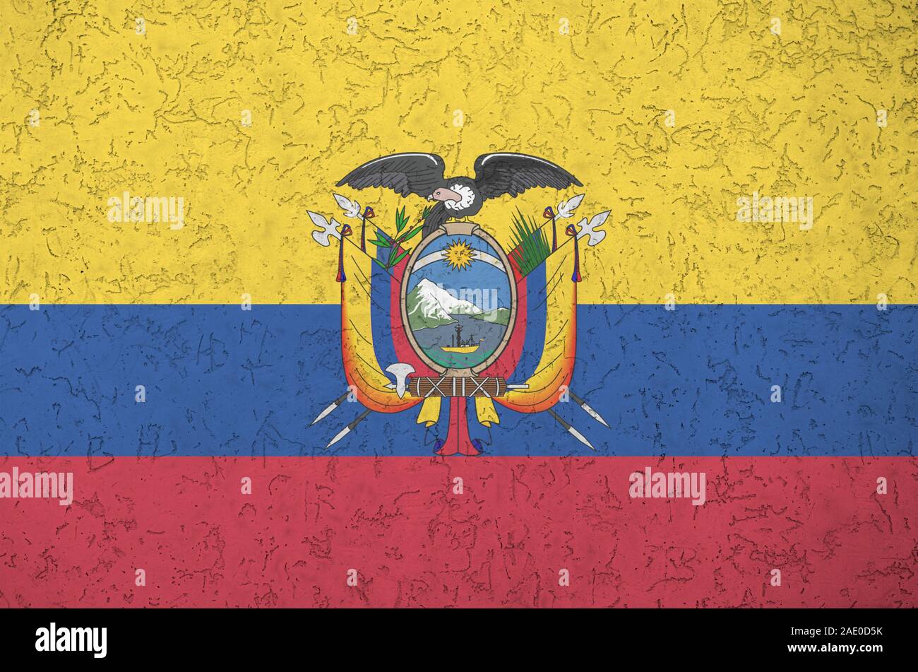 Ecuador flag depicted in bright paint colors on old relief plastering ...