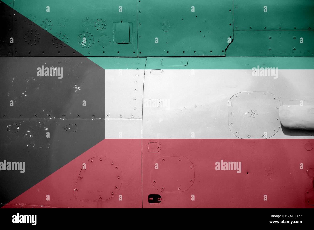 Kuwait flag depicted on side part of military armored helicopter close ...
