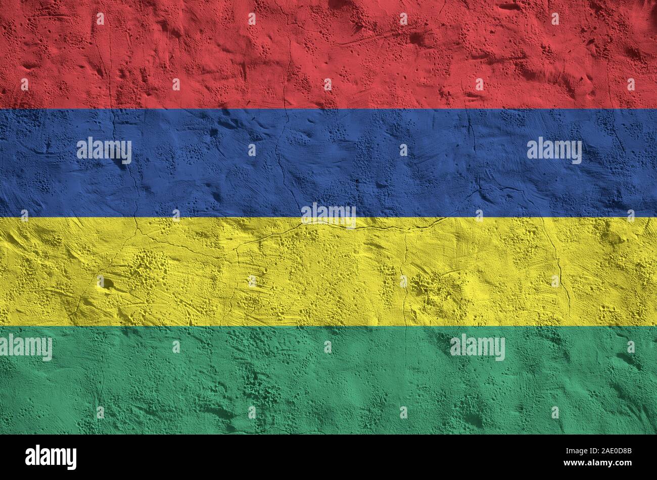 Mauritius flag depicted in bright paint colors on old relief plastering ...