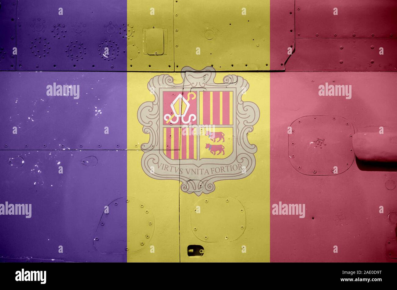 Andorra flag depicted on side part of military armored helicopter close ...