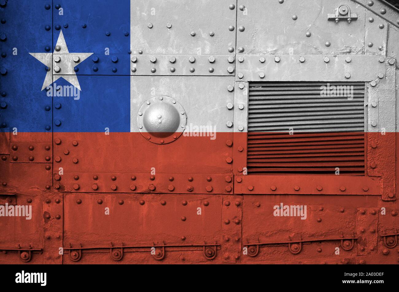 Chile flag depicted on side part of military armored tank close up ...