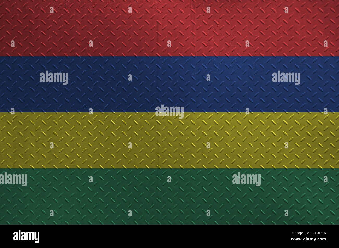 Mauritius flag depicted in paint colors on old brushed metal plate or ...