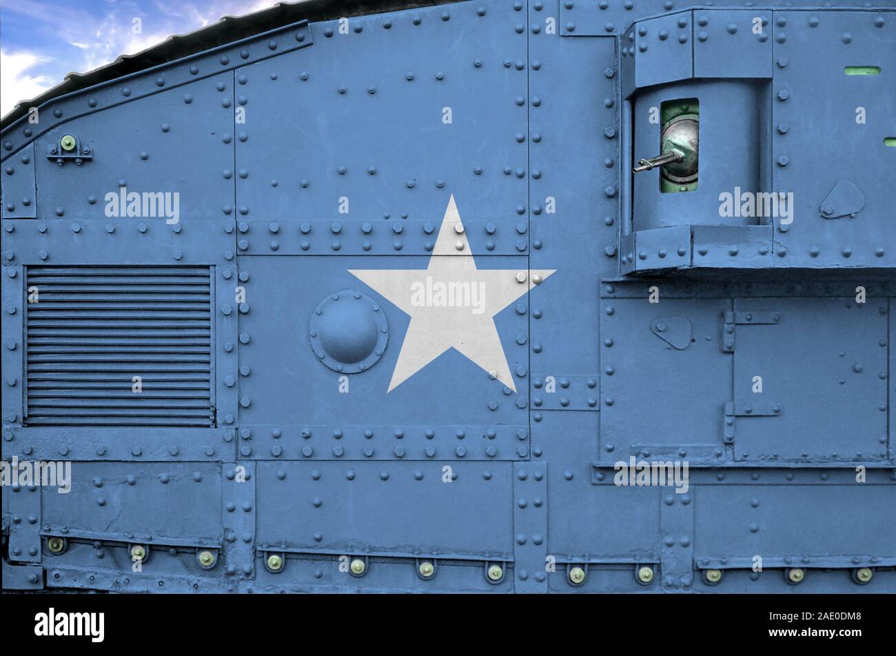 Somalia flag depicted on side part of military armored tank close up ...