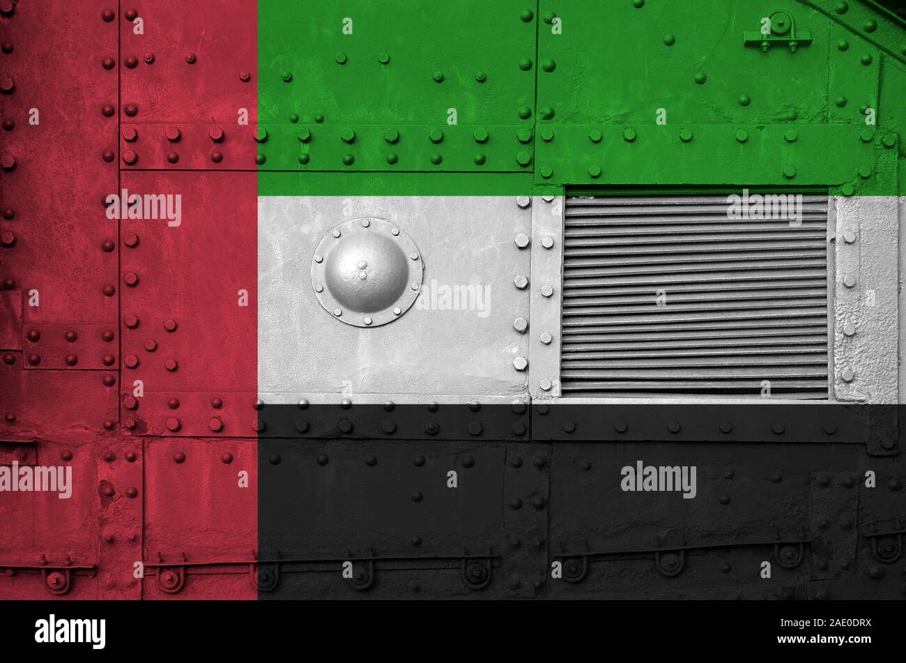 United Arab Emirates flag depicted on side part of military armored ...