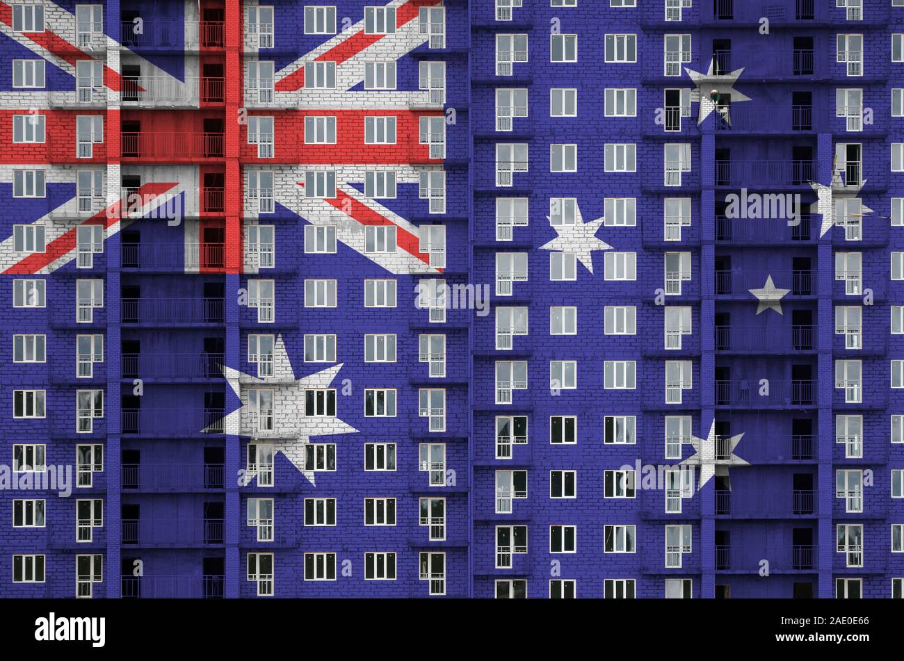 Australia flag depicted in paint colors on multi-storey residental ...