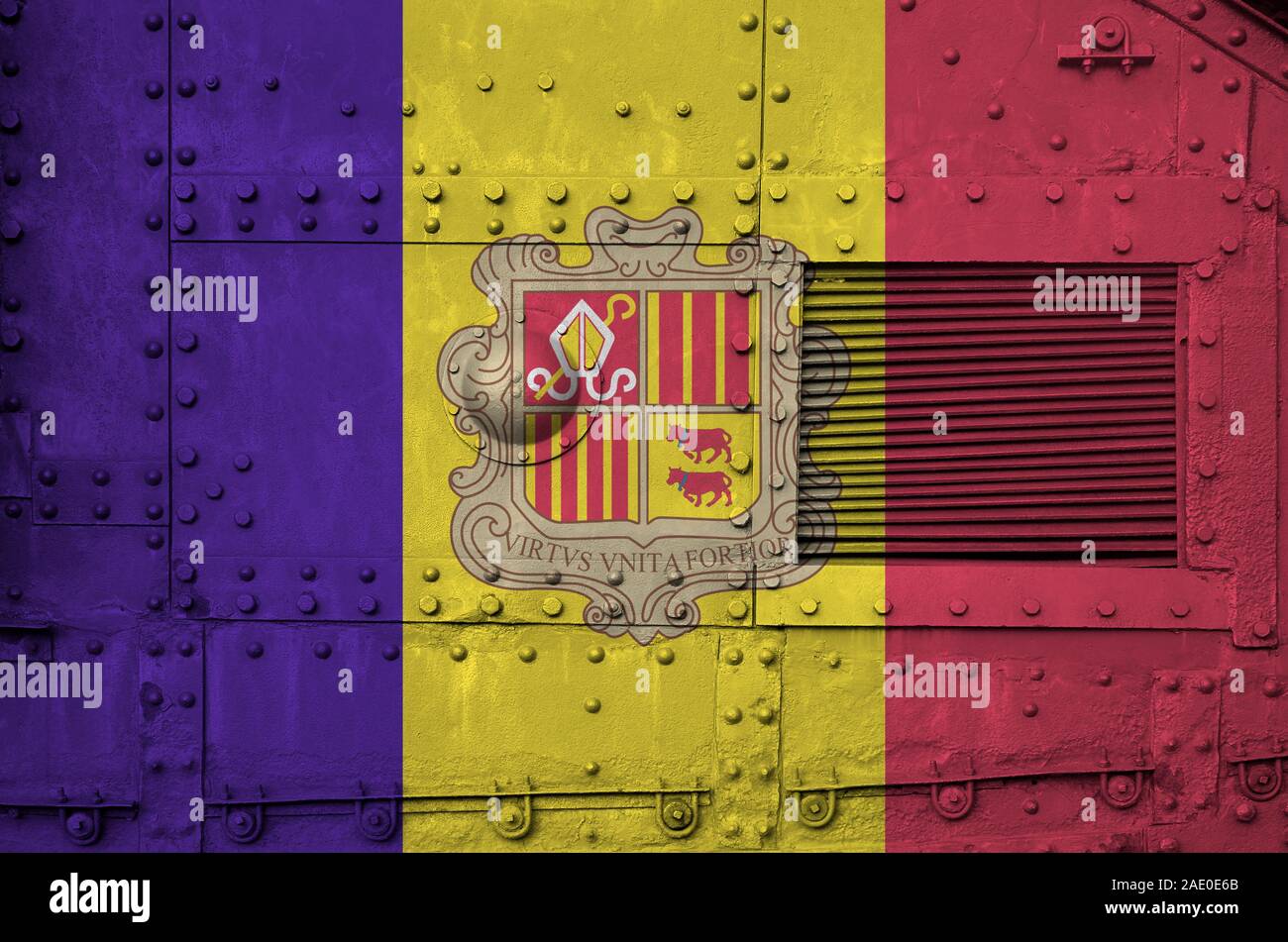 Andorra flag depicted on side part of military armored tank close up ...