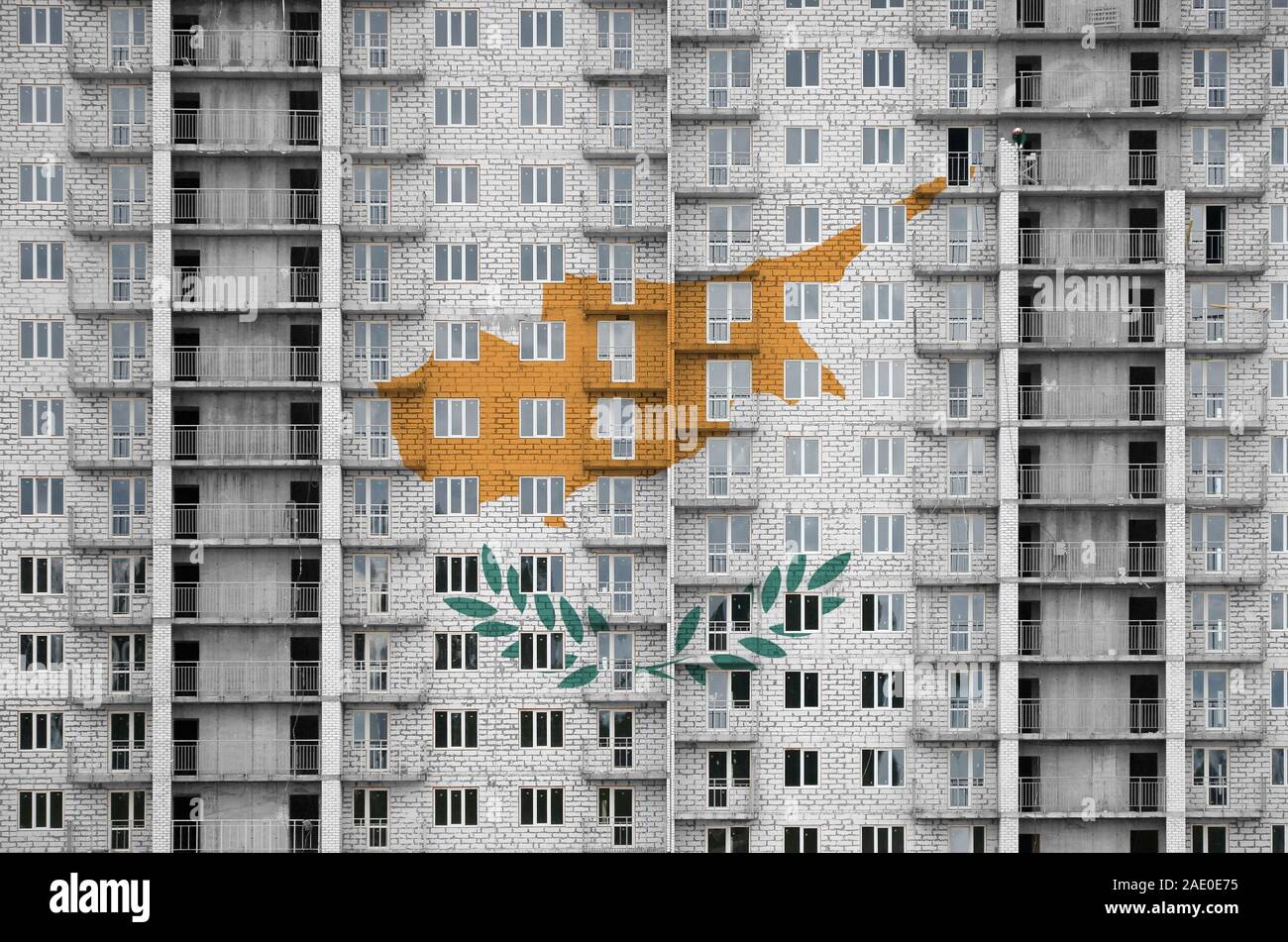 Cyprus flag depicted in paint colors on multi-storey residental ...