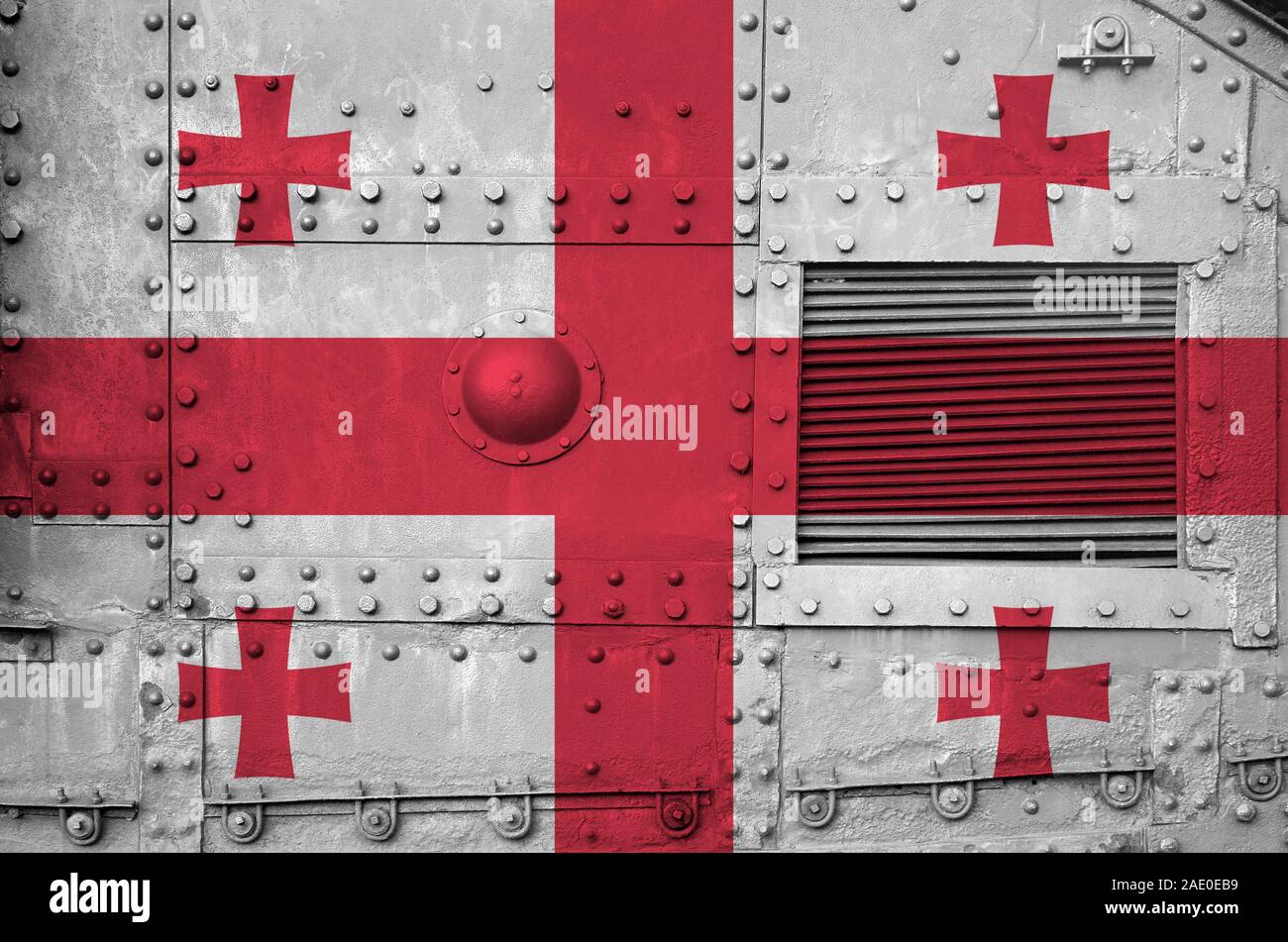Georgia flag depicted on side part of military armored tank close up ...