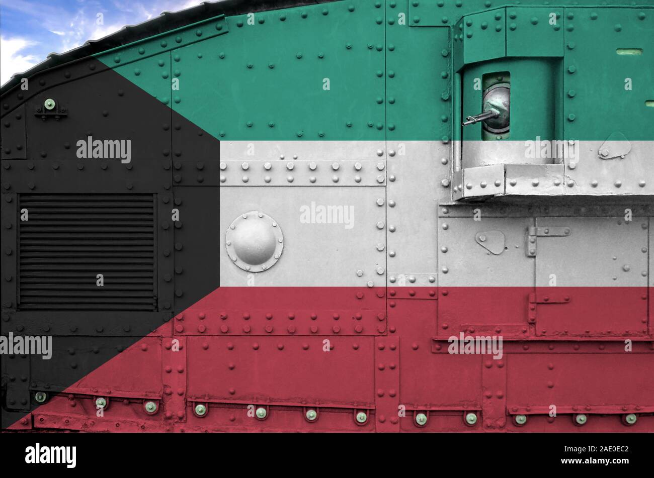 Kuwait flag depicted on side part of military armored tank close up ...
