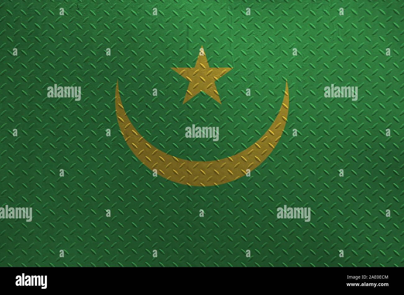 Mauritania flag depicted in paint colors on old brushed metal plate or ...