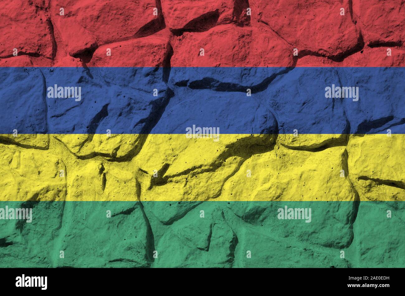 Mauritius flag depicted in paint colors on old stone wall close up ...