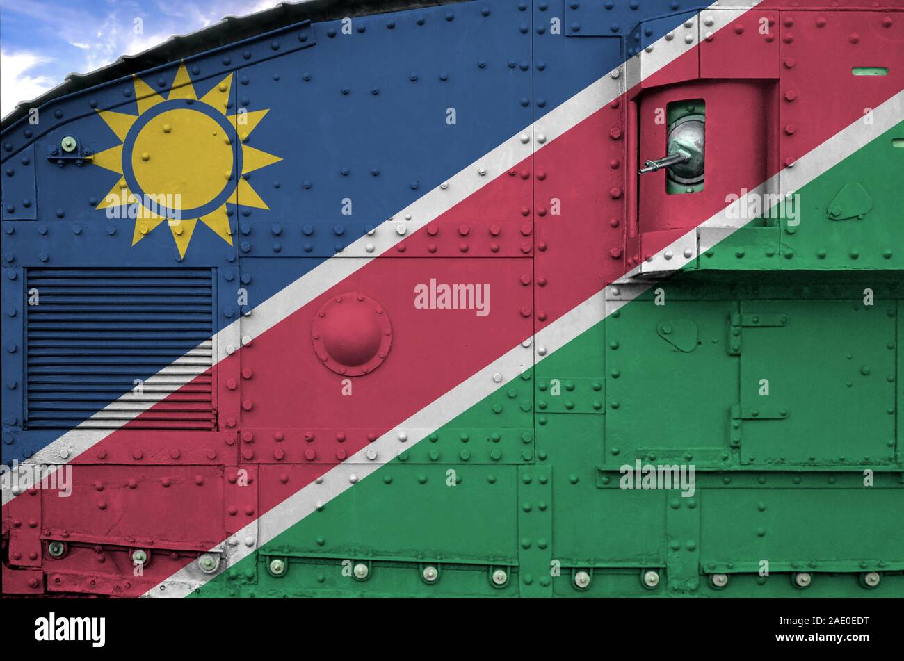 Namibia flag depicted on side part of military armored tank close up ...