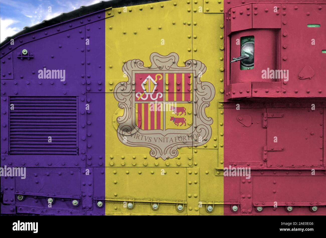 Andorra flag depicted on side part of military armored tank close up ...