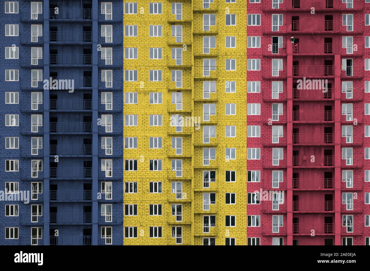 Chad flag depicted in paint colors on multi-storey residental building ...