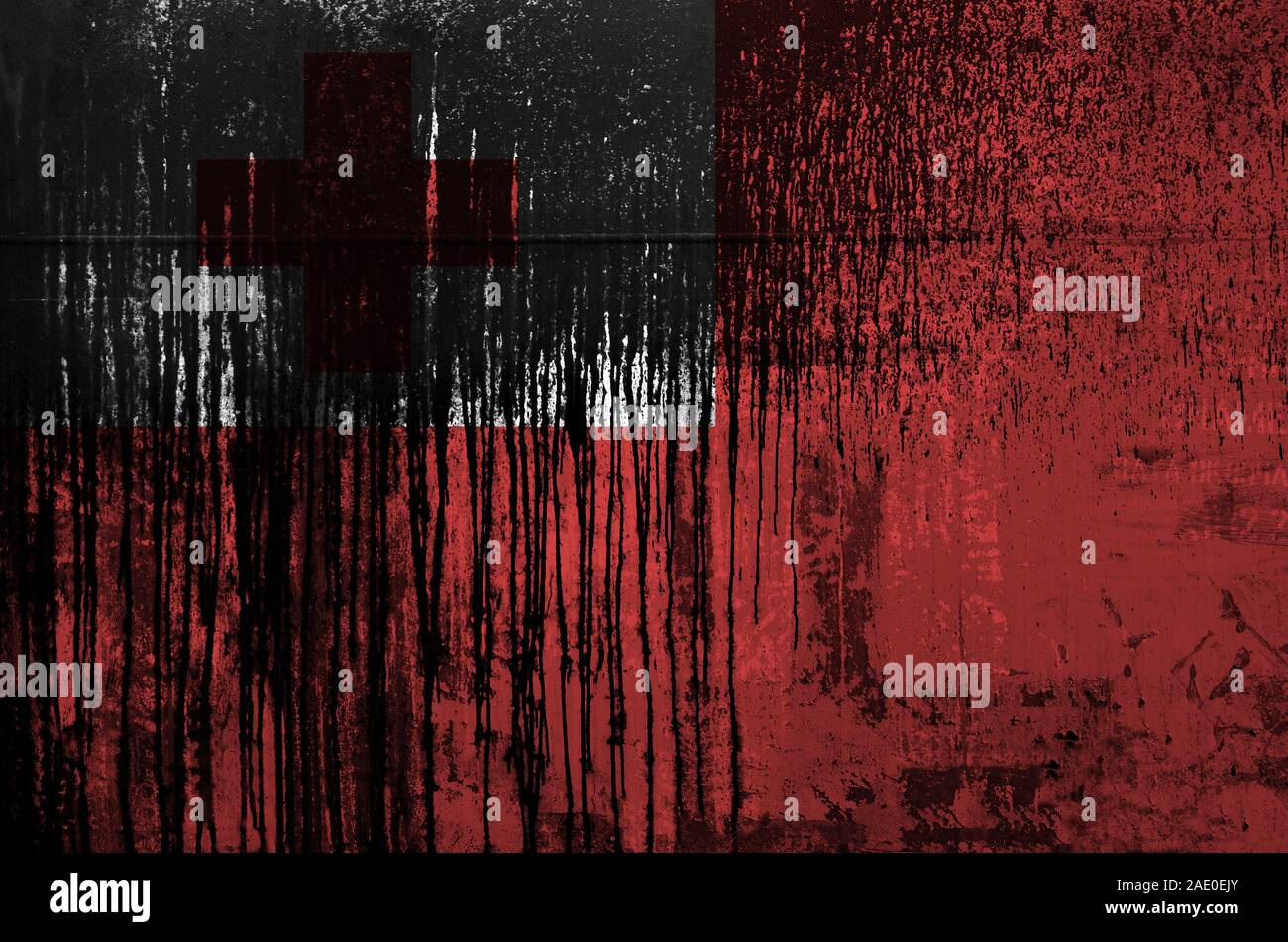 Tonga flag depicted in paint colors on old and dirty oil barrel wall ...