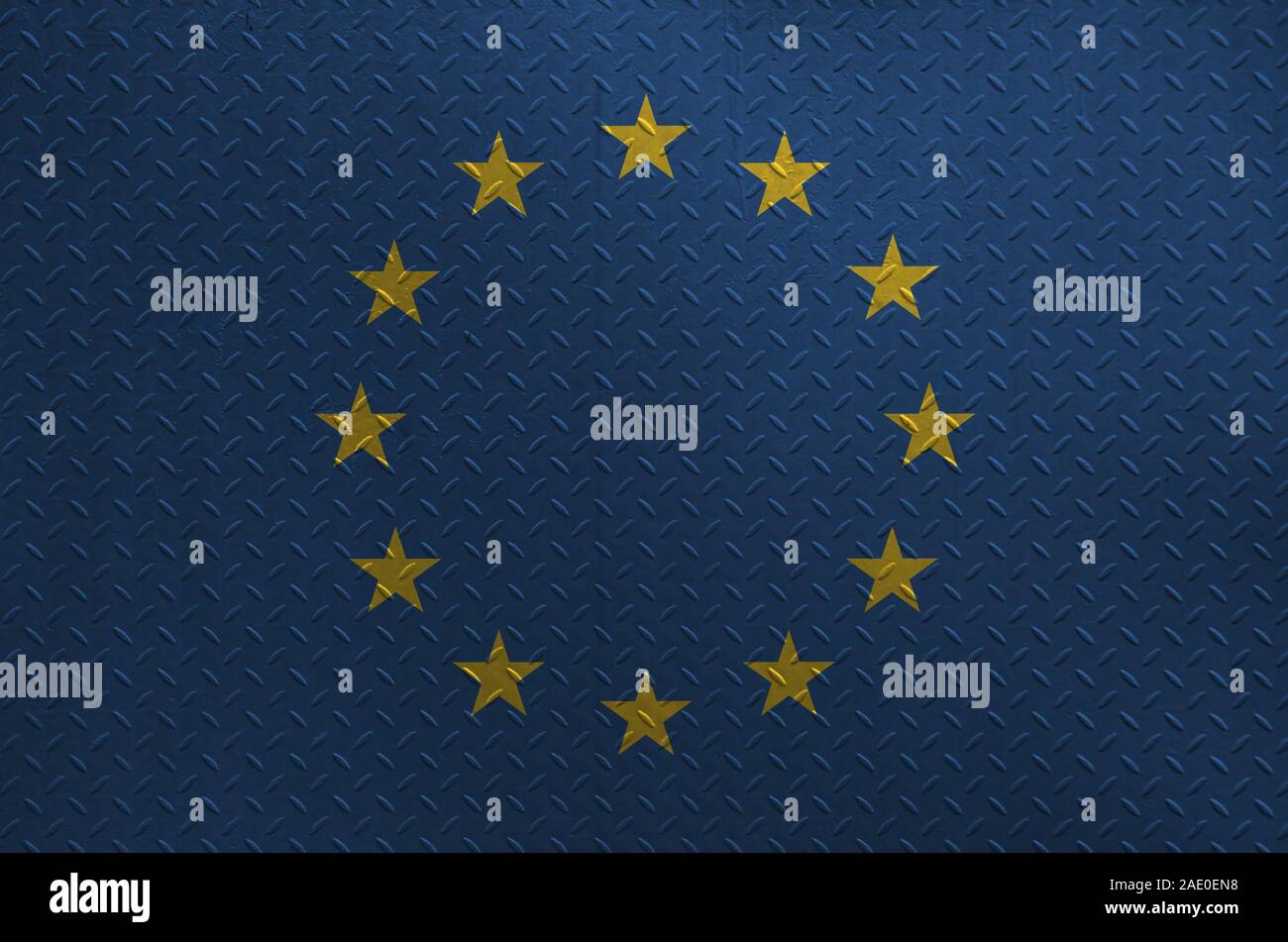 European union flag depicted in paint colors on old brushed metal plate ...
