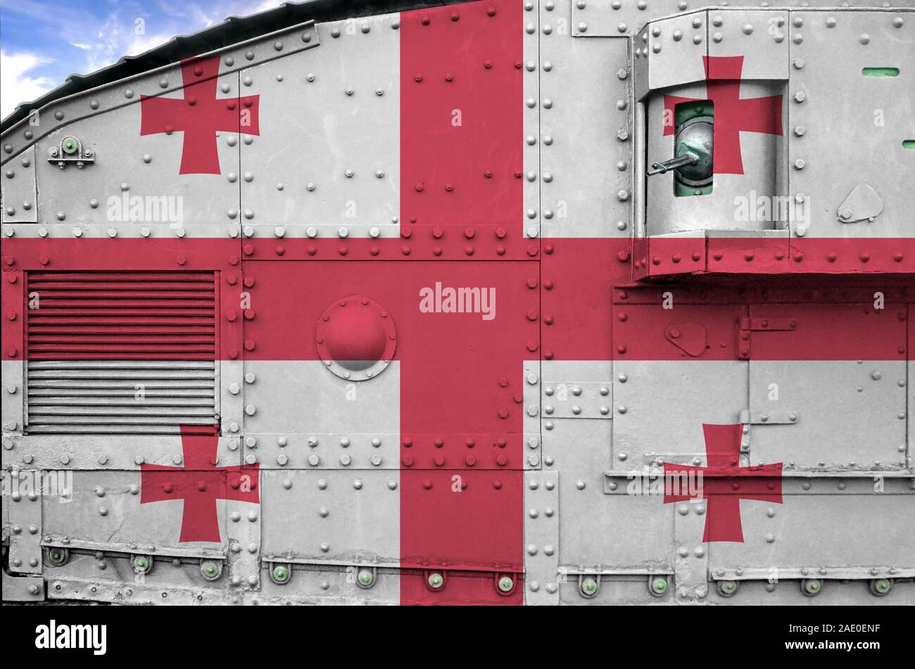Georgia flag depicted on side part of military armored tank close up ...