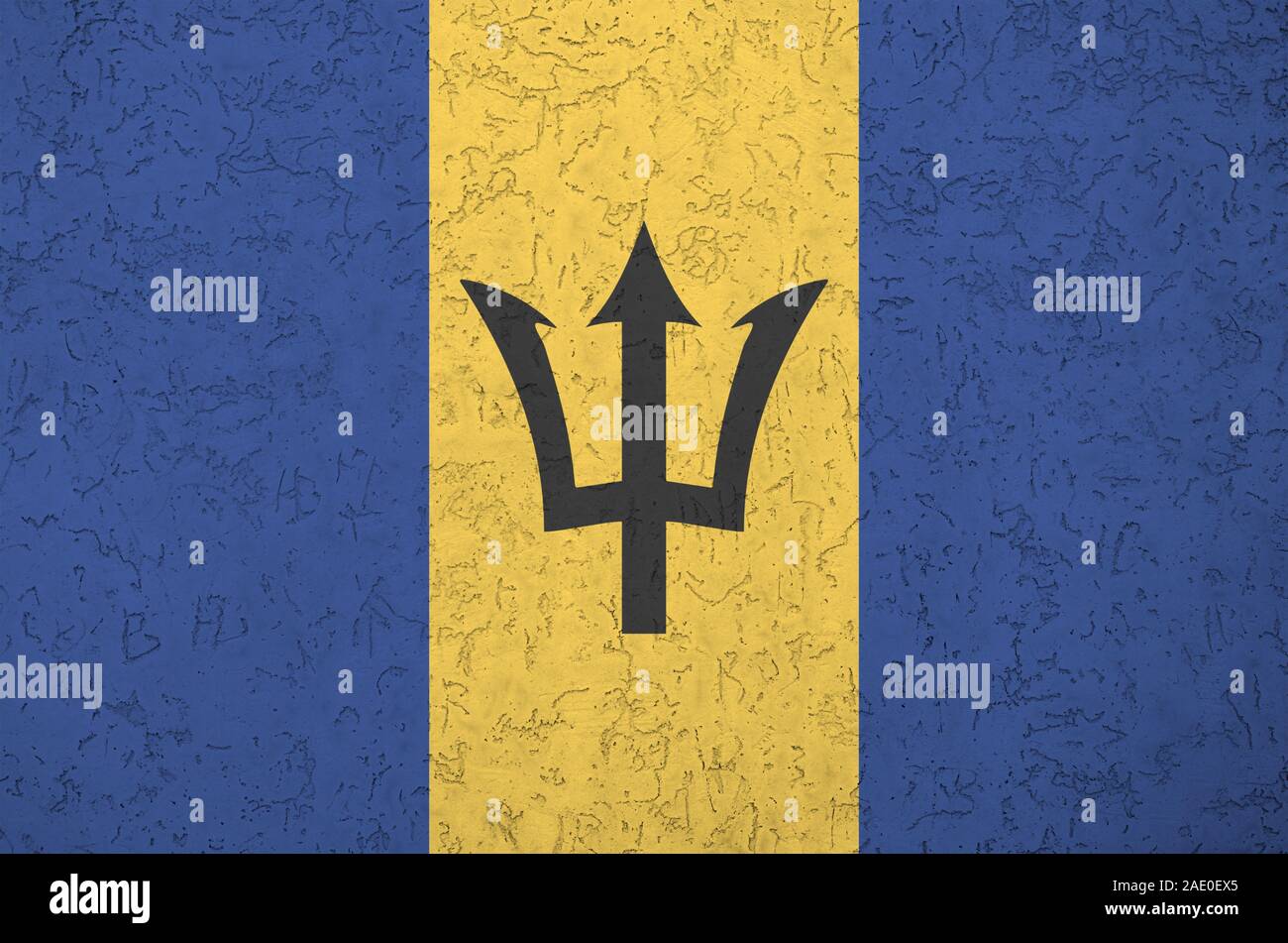 Barbados flag depicted in bright paint colors on old relief plastering ...