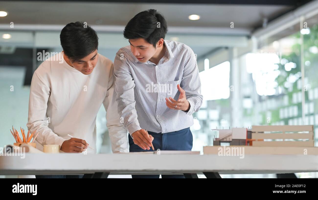 Architects they planning blueprint with meeting and discussion on ...