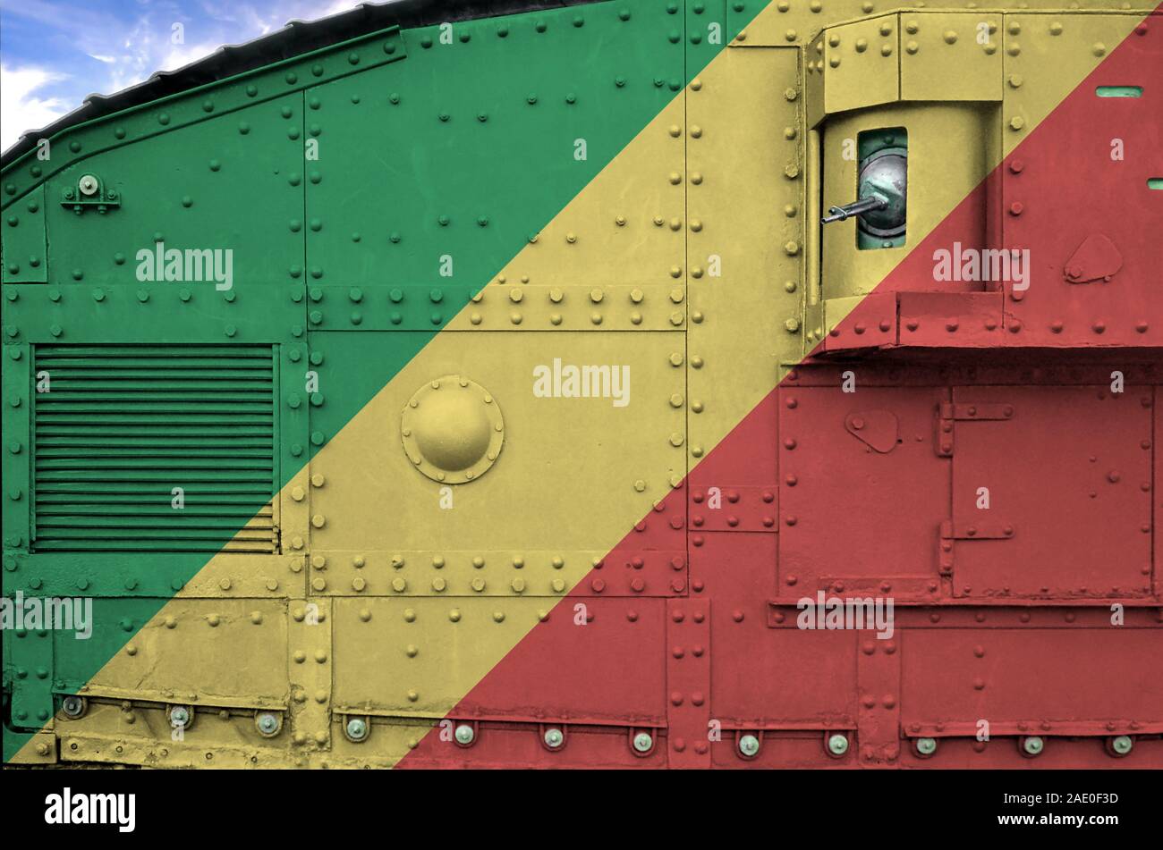 Congo flag depicted on side part of military armored tank close up ...