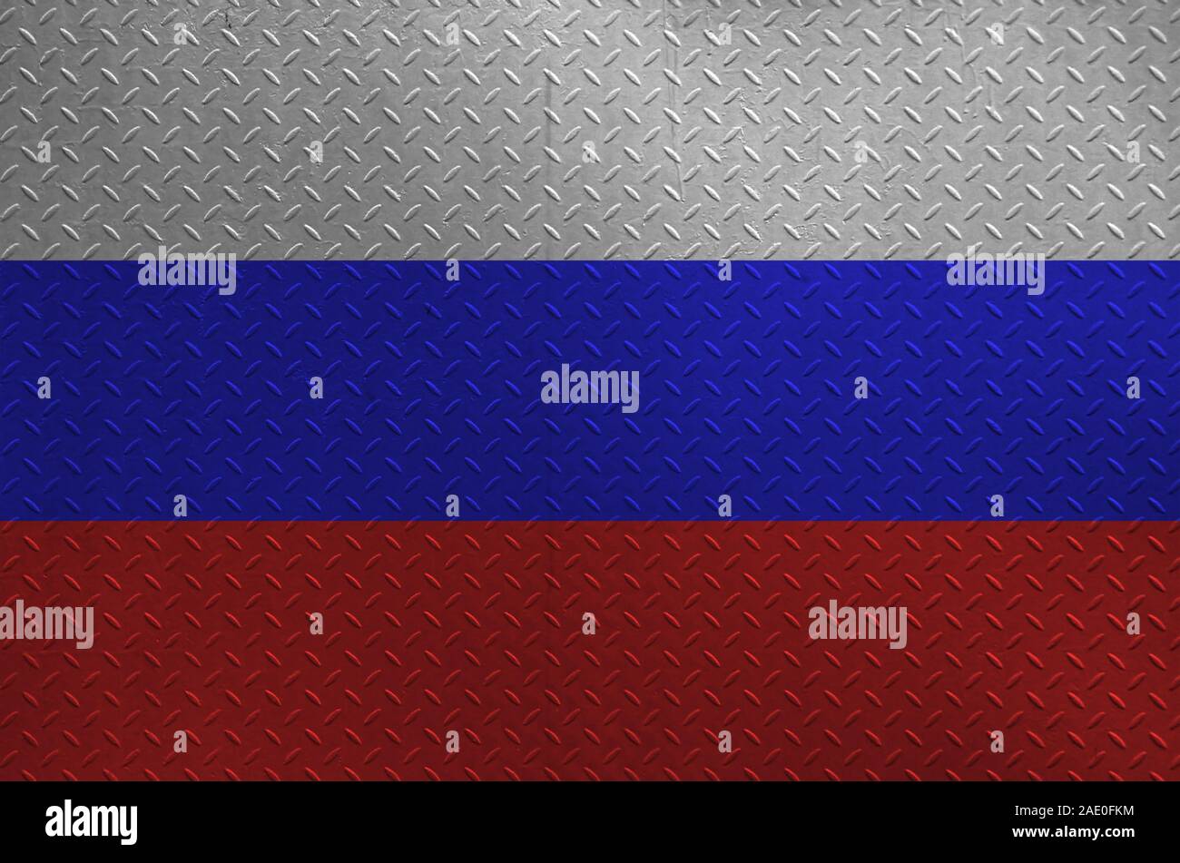 Russia flag depicted in paint colors on old brushed metal plate or wall ...