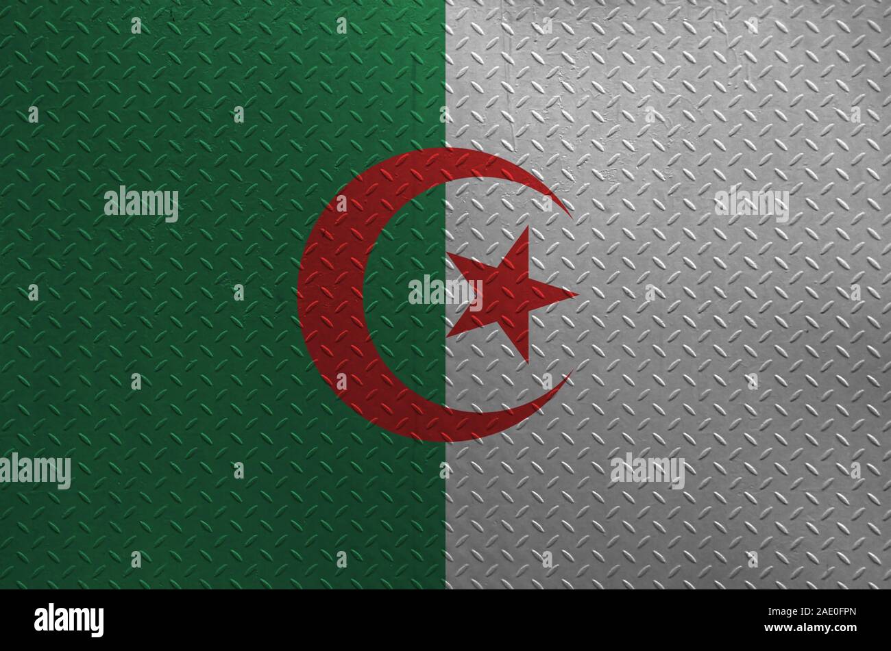 Algeria flag depicted in paint colors on old brushed metal plate or ...