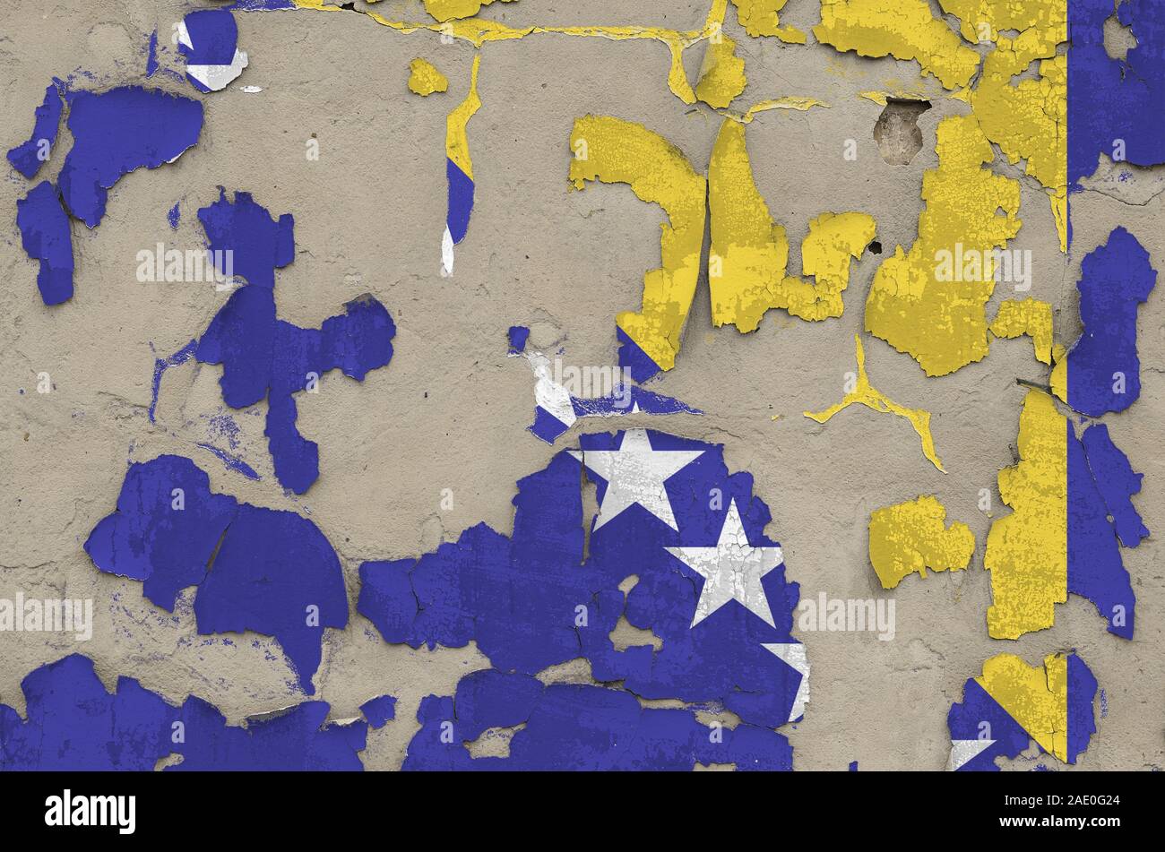 Bosnia and Herzegovina flag depicted in paint colors on old obsolete ...