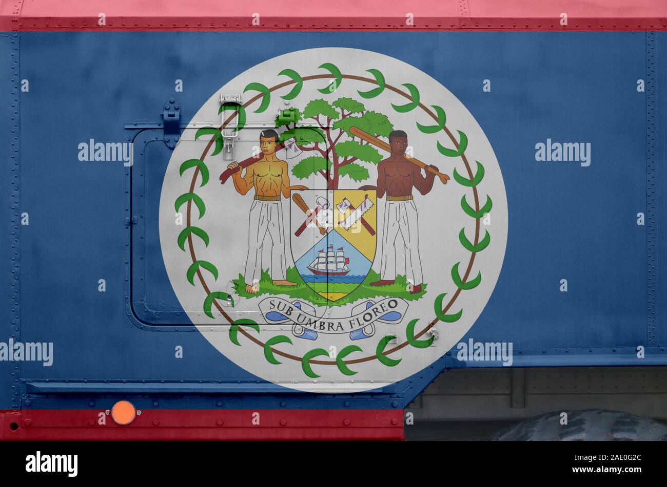 Belize flag depicted on side part of military armored truck close up ...