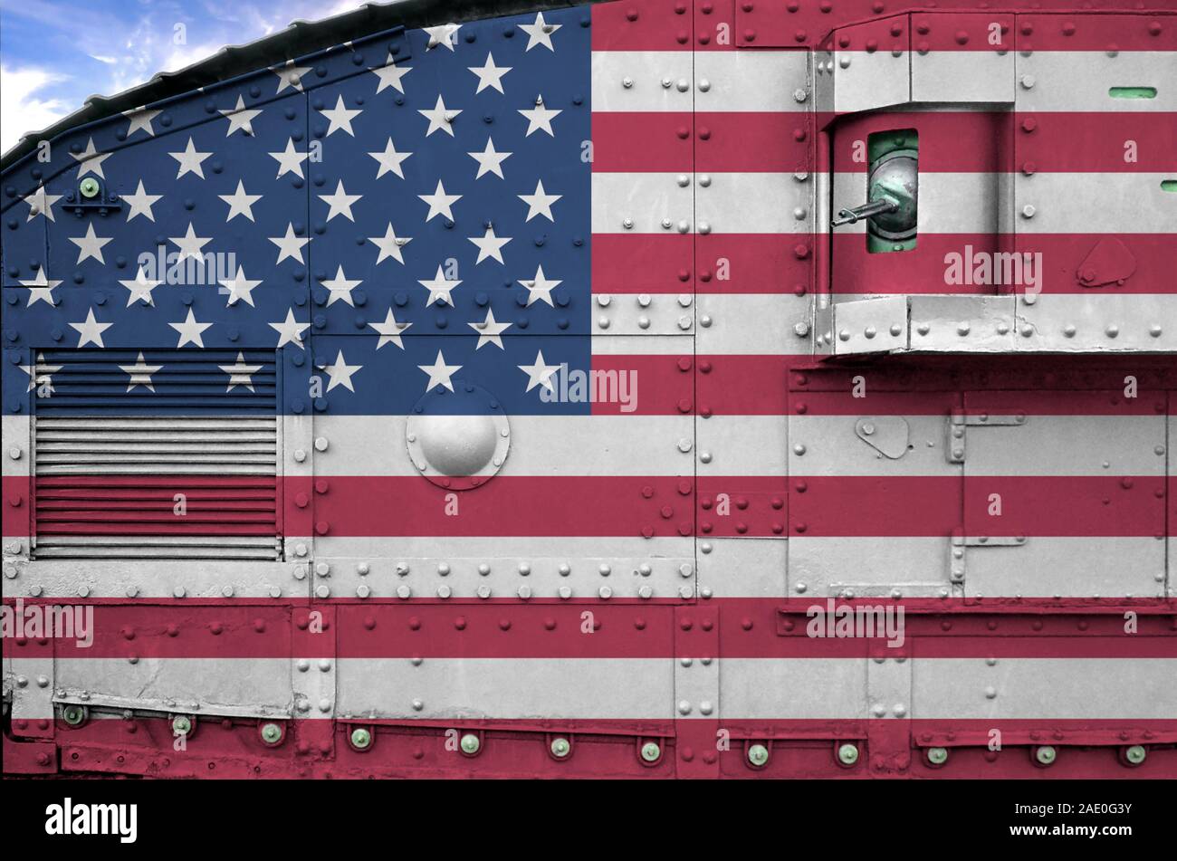 United States of America flag depicted on side part of military armored ...