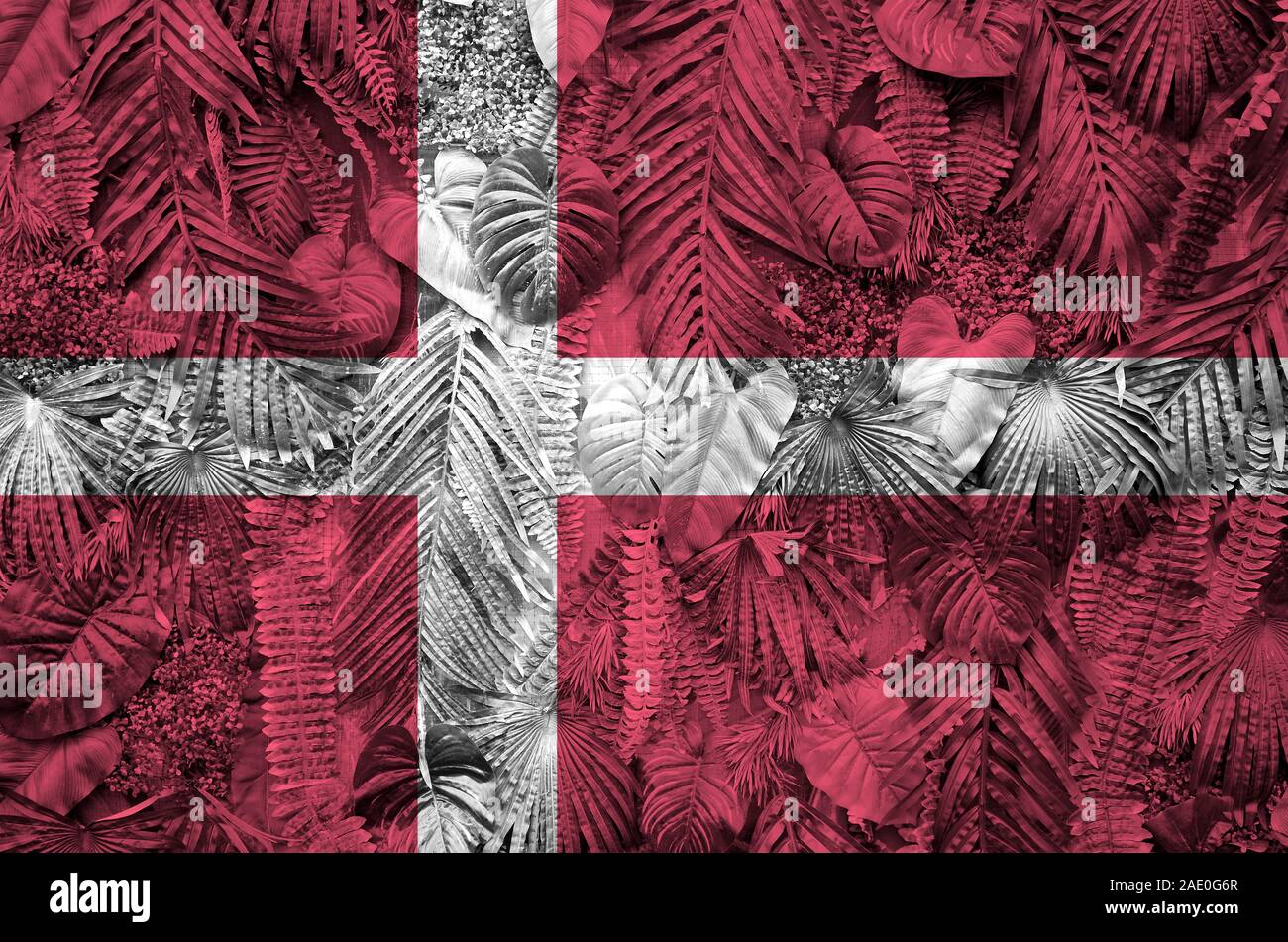 Denmark flag depicted on many leafs of monstera palm trees. Trendy ...