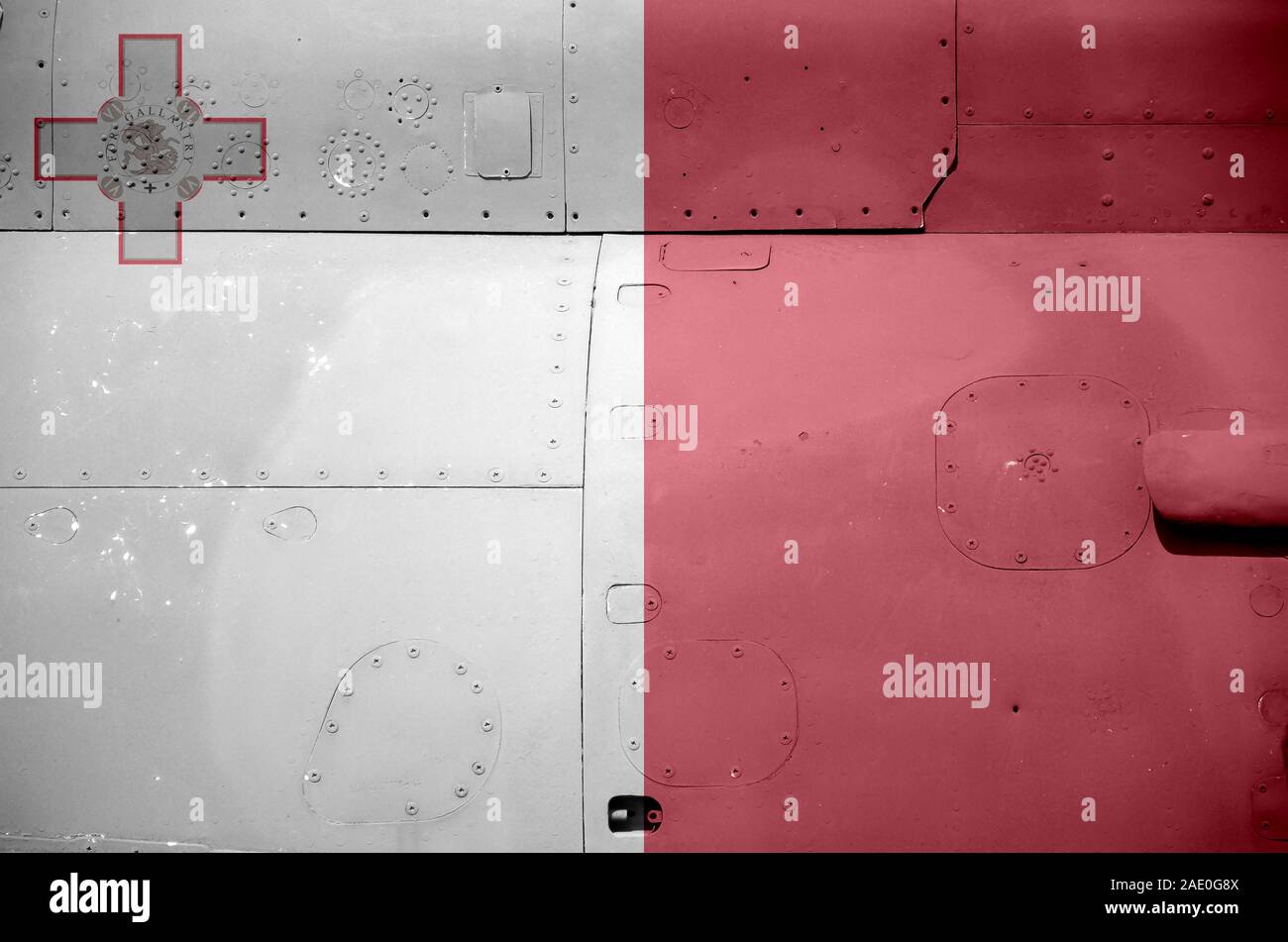 Malta flag depicted on side part of military armored helicopter close ...